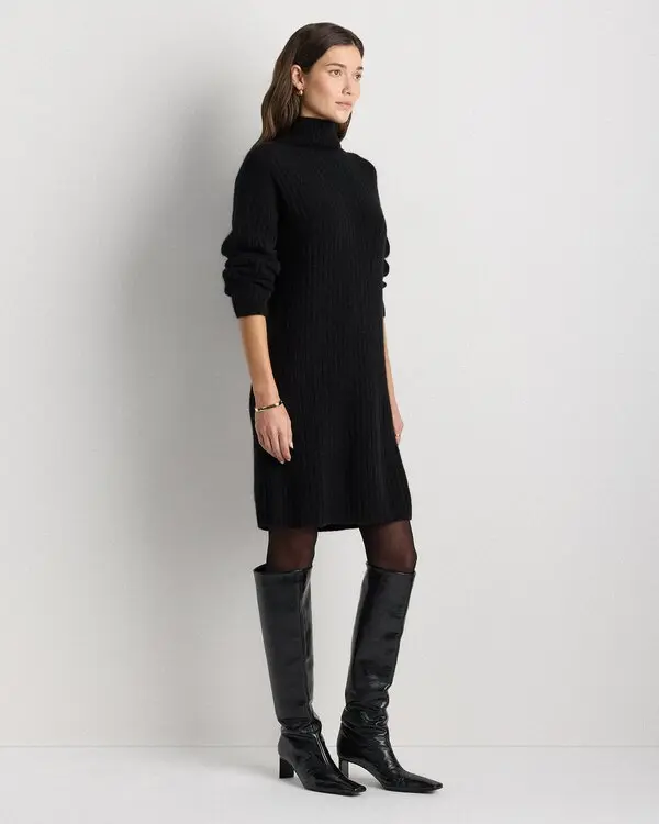 Quince Mongolian Cashmere Ribbed Turtleneck Mini Dress - Black
