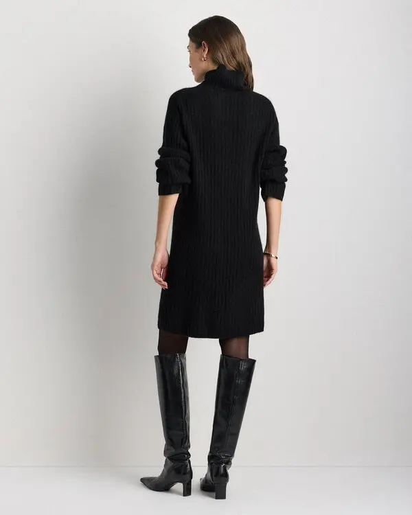 Quince Mongolian Cashmere Ribbed Turtleneck Mini Dress - Black