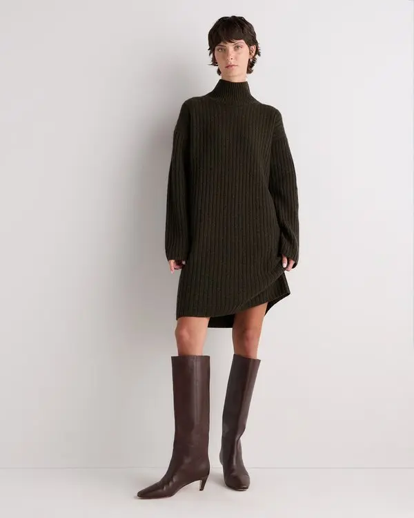 Quince Mongolian Cashmere Ribbed Turtleneck Mini Dress - Olive Twist