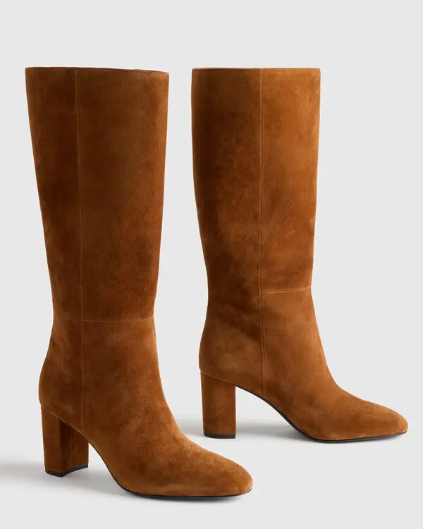 Quince Italian Suede Block Heel Boots - Cognac