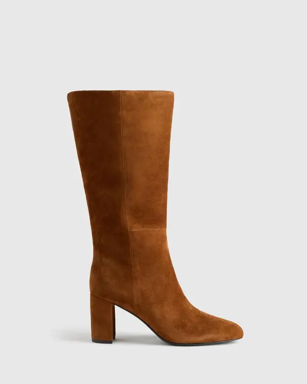 Quince Italian Suede Block Heel Boots - Cognac
