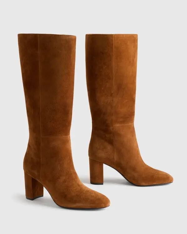 Quince Italian Suede Block Heel Boots - Cognac