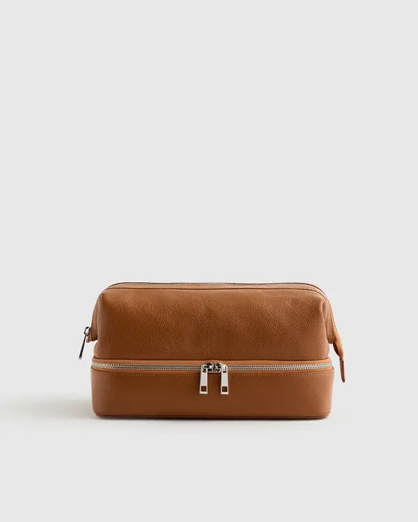 Quince Italian Leather Dual Compartment Toiletry Bag - Cognac