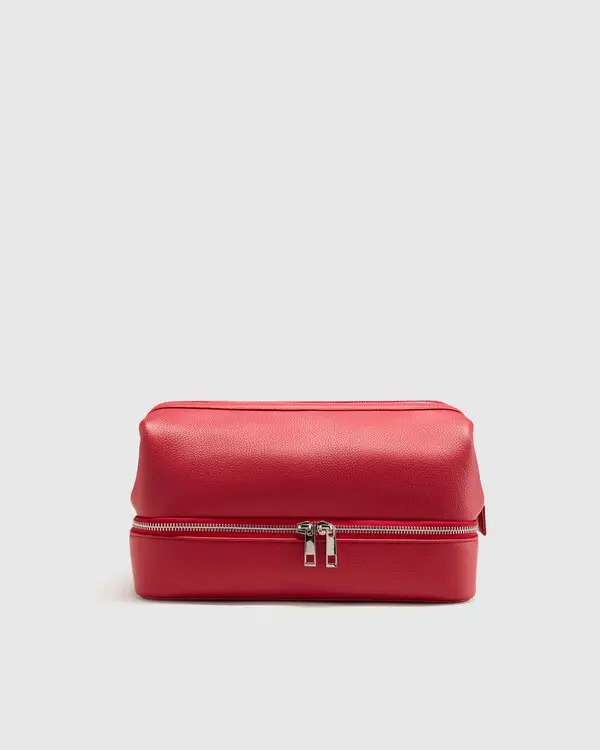 Quince Italian Leather Dual Compartment Toiletry Bag - Ruby Red