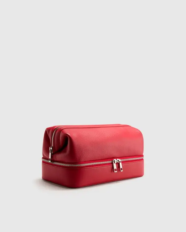 Quince Italian Leather Dual Compartment Toiletry Bag - Ruby Red