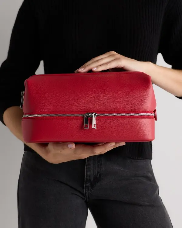 Quince Italian Leather Dual Compartment Toiletry Bag - Ruby Red