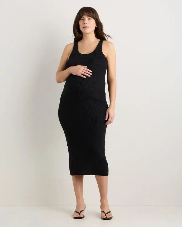 Quince Cotton Cashmere Maternity Fitted Midi Dress - Black