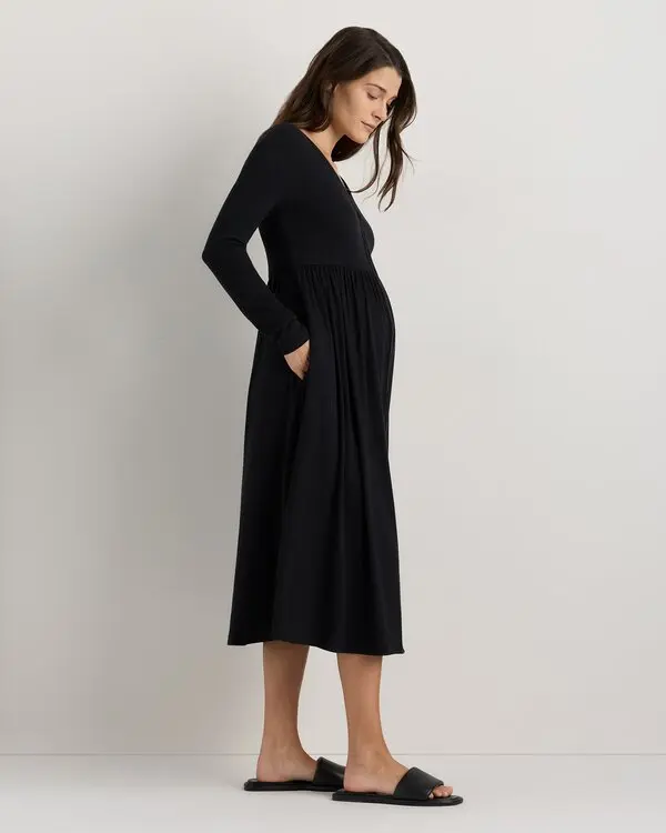 Quince Bamboo Rib Maternity Long Sleeve Button Front Midi Dress - Bold Black