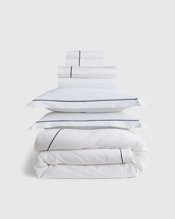 Quince Classic Organic Percale Double Stripe Sheet Set - White/mineral