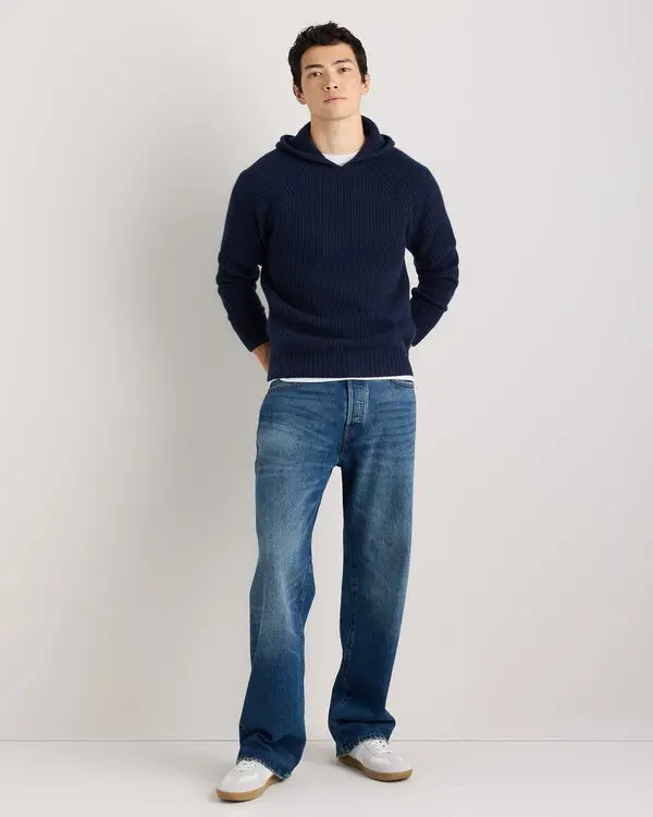 Quince Mongolian Cashmere Fisherman Pullover Hoodie - True Navy