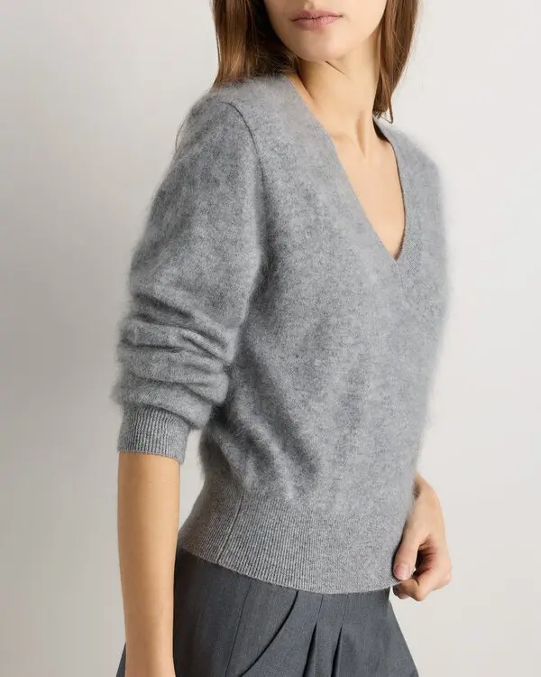 Quince Brushed Cashmere Shrunken V-neck Sweater - Heather Grey