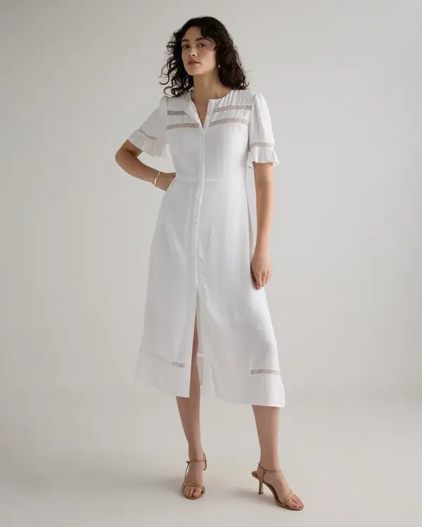 Quince Lightweight Crepe Lace Inset Midi Dress - Ivory