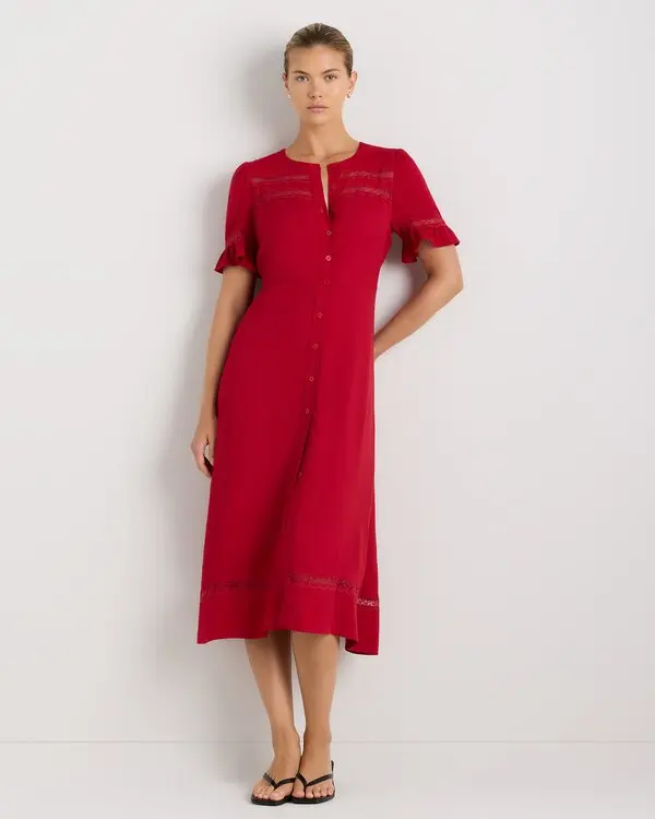 Quince Crepe Lace Inset Midi Dress - Ruby Red