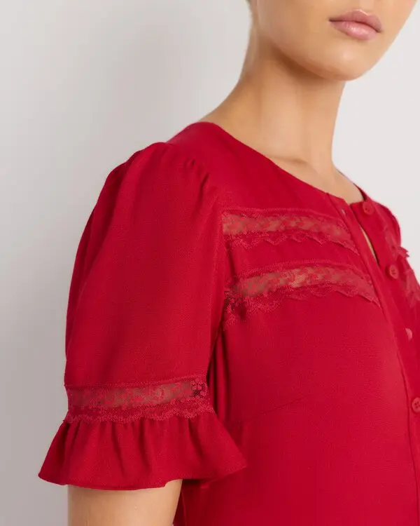 Quince Crepe Lace Inset Midi Dress - Ruby Red