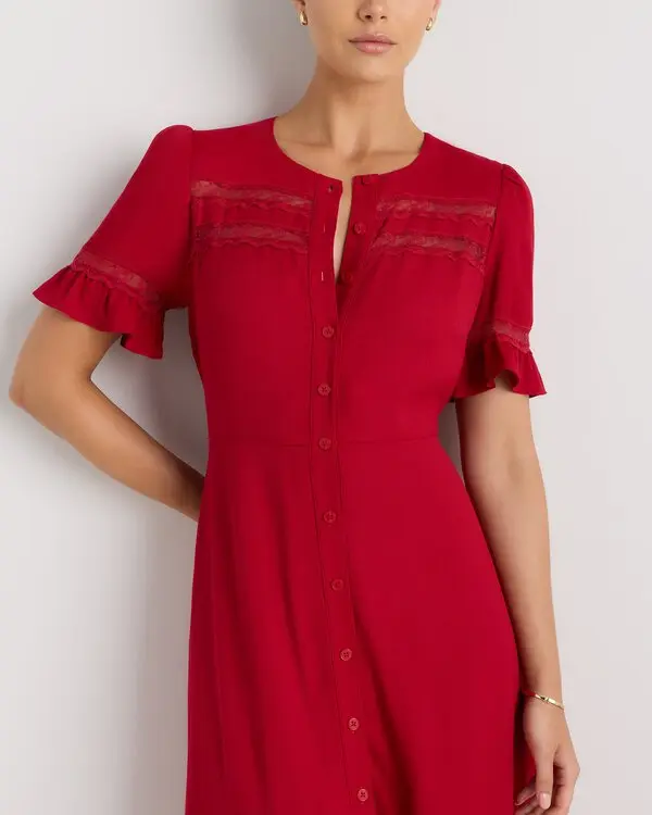 Quince Crepe Lace Inset Midi Dress - Ruby Red