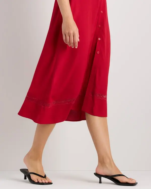 Quince Crepe Lace Inset Midi Dress - Ruby Red