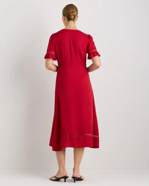 Quince Crepe Lace Inset Midi Dress - Ruby Red