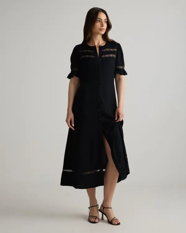 Quince Crepe Lace Inset Midi Dress - True Black