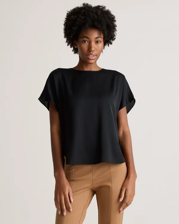 Quince Washable Stretch Silk Split Hem T-shirt - Black