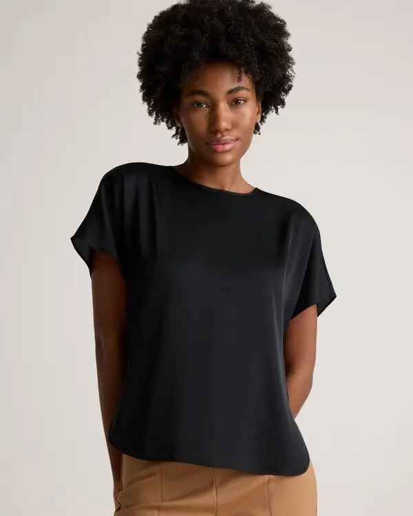 Quince Washable Stretch Silk Split Hem T-shirt - Black