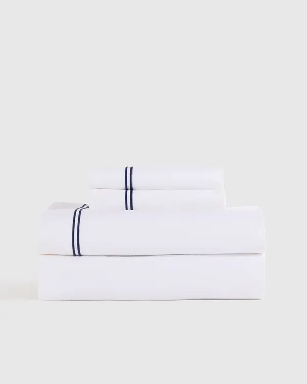 Quince Organic Crisp Percale Embellished Sheet Set - White/navy
