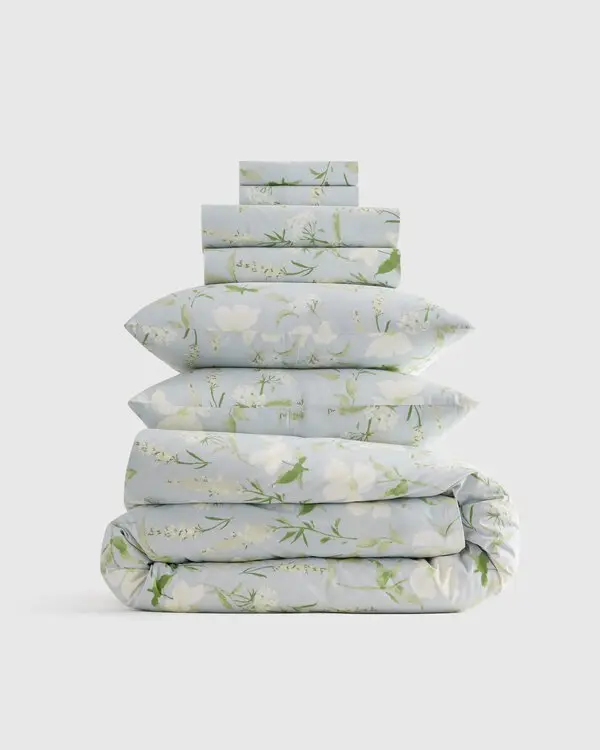 Quince Classic Organic Percale Floral Deluxe Bedding Bundle - Blue Garden
