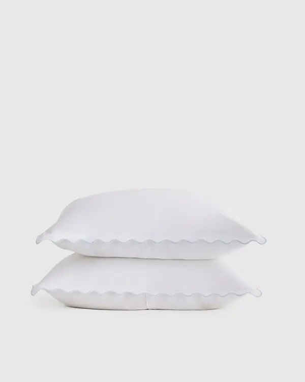 Quince Signature Giza Cotton Sateen Embroidered Fitted Sheet Set - White/mist