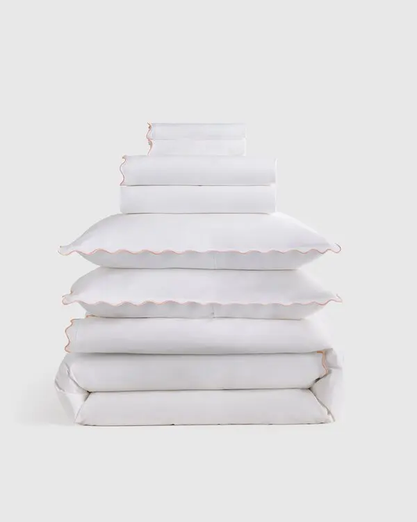 Quince Signature Giza Cotton Sateen Embroidered Fitted Sheet Set - White/rose