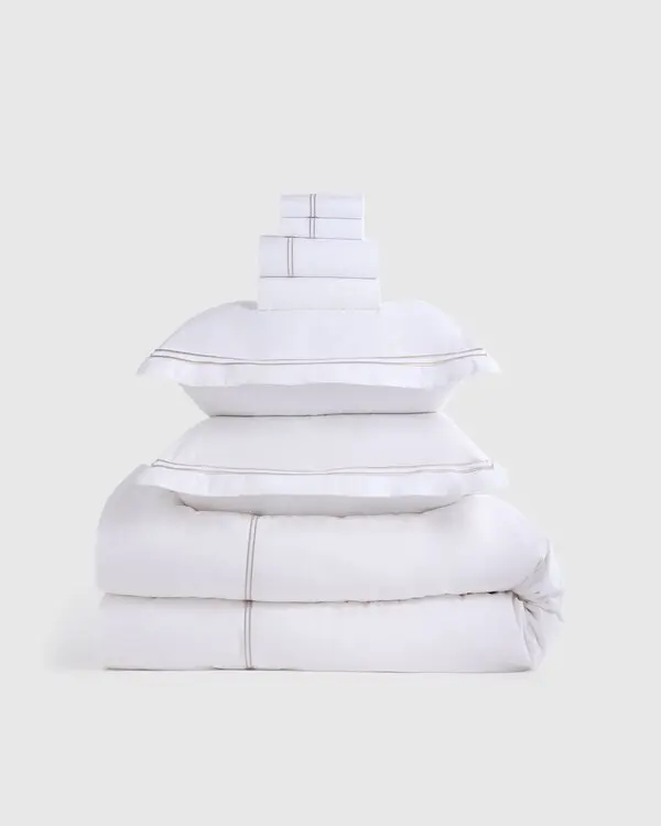 Quince Classic Organic Percale Embellished Fitted Sheet Set - White/dove