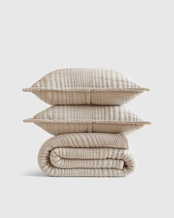 Quince Channel Stitch Coverlet Set - Sand