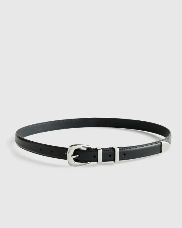 Quince Lola European Leather Western Skinny Belt - Black/silver
