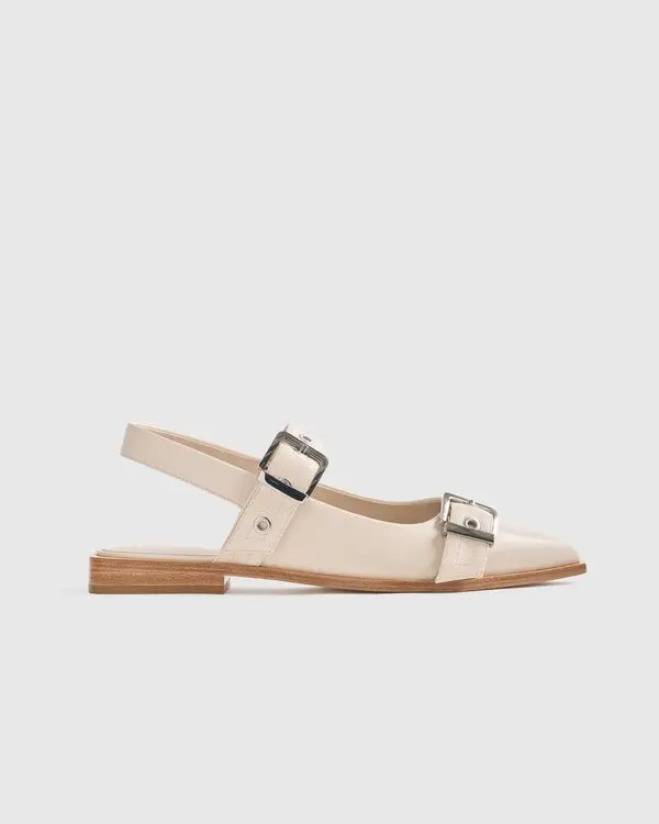 Quince Italian Leather Bold Buckle Slingback Flat - Bone