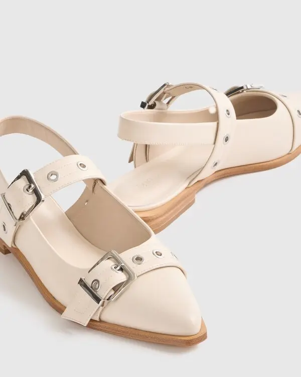 Quince Italian Leather Bold Buckle Slingback Flat - Bone