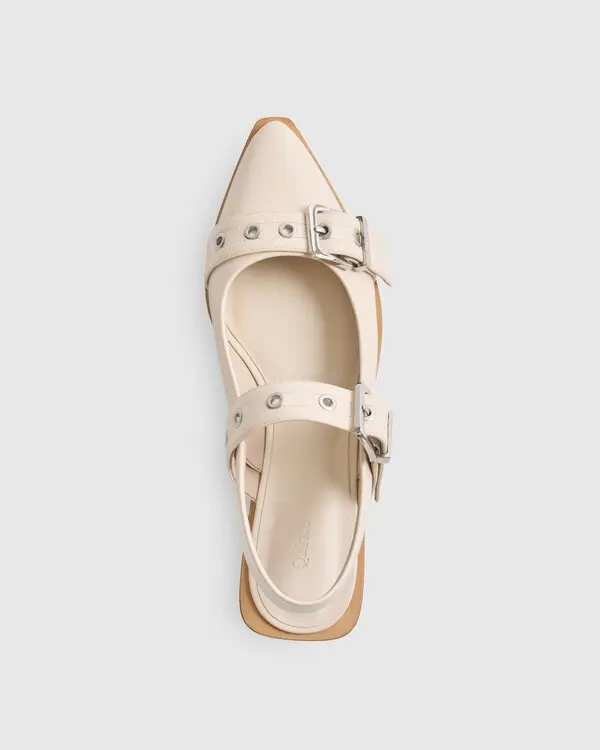 Quince Italian Leather Bold Buckle Slingback Flat - Bone