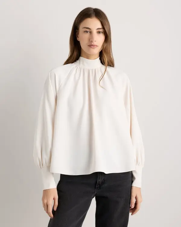Quince Drapey Chiffon Mock Neck Long Sleeve Blouse - Ivory