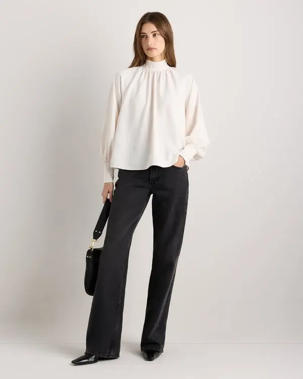 Quince Drapey Chiffon Mock Neck Long Sleeve Blouse - Ivory