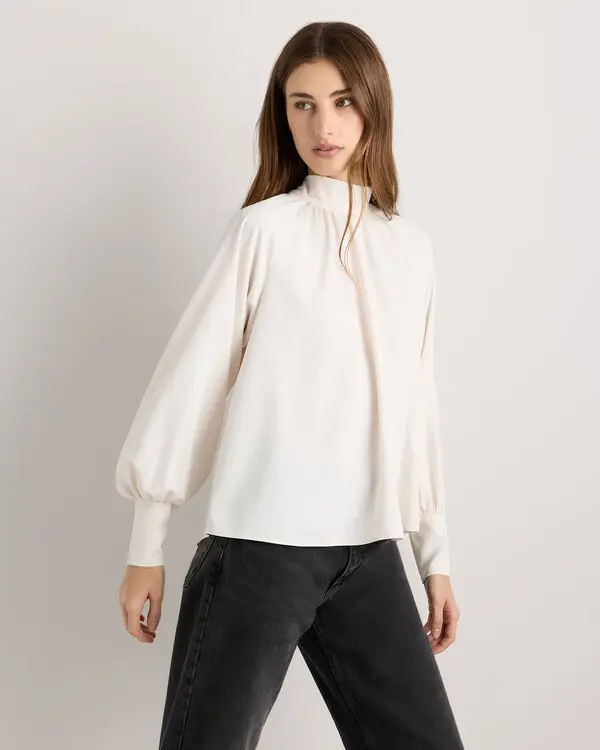 Quince Drapey Chiffon Mock Neck Long Sleeve Blouse - Ivory