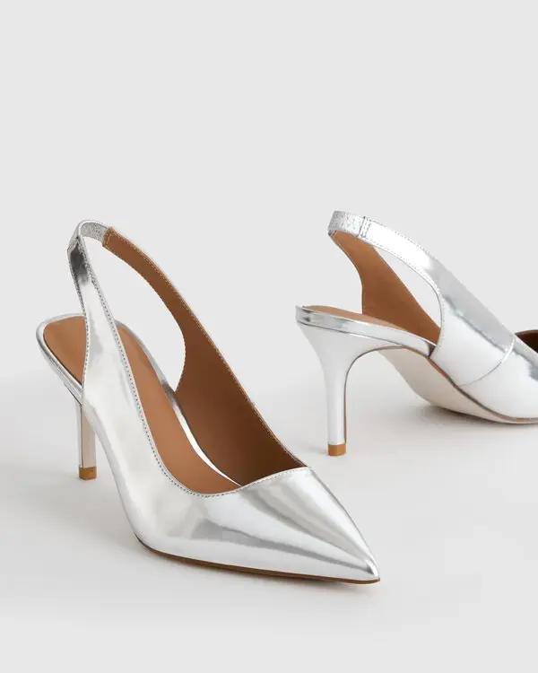 Quince Italian Leather Slingback Heel - Shiny Silver