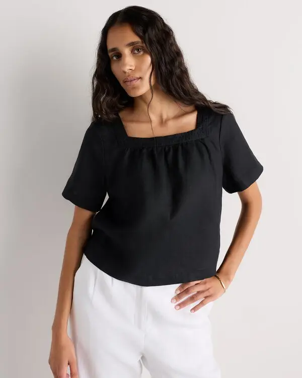 Quince European Linen Square Neck Swing Top - Black