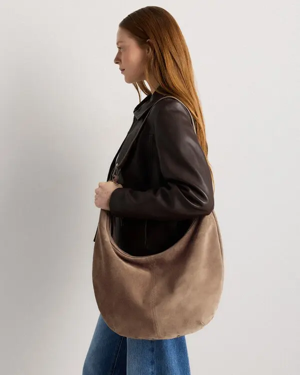 Quince Italian Suede Crescent Shoulder Bag - Pebble