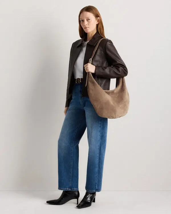 Quince Italian Suede Crescent Shoulder Bag - Pebble