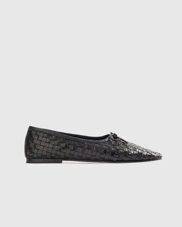 Quince Italian Leather Handwoven Square Toe Ballet Flat - Black