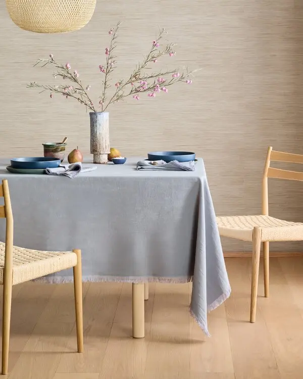 Quince European Linen Fringe Tablecloth - Blue Fog