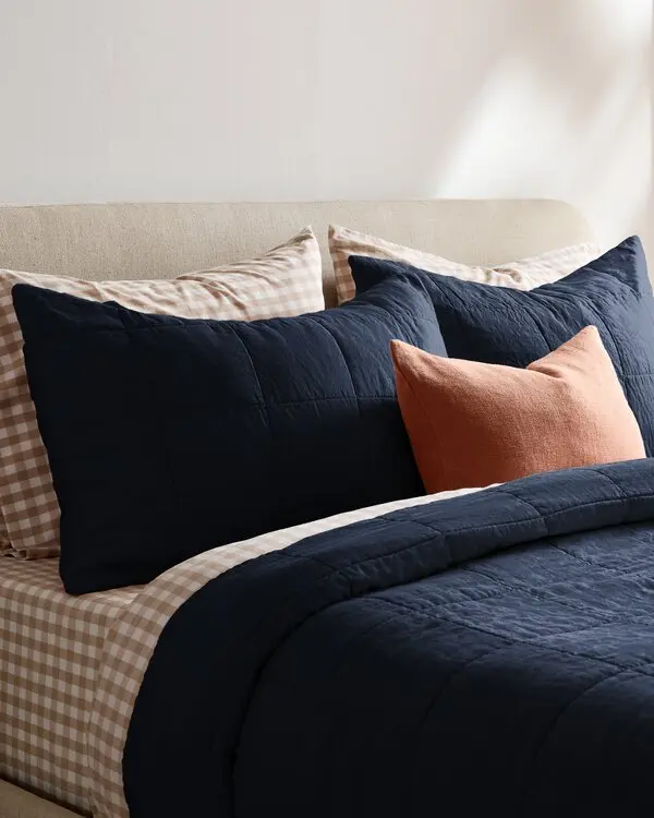 Quince Lightweight European Linen Box Quilted Sham Set - Navy