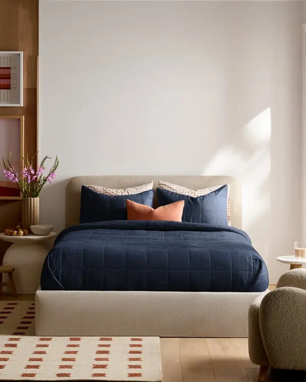 Quince Lightweight European Linen Box Quilted Sham Set - Navy