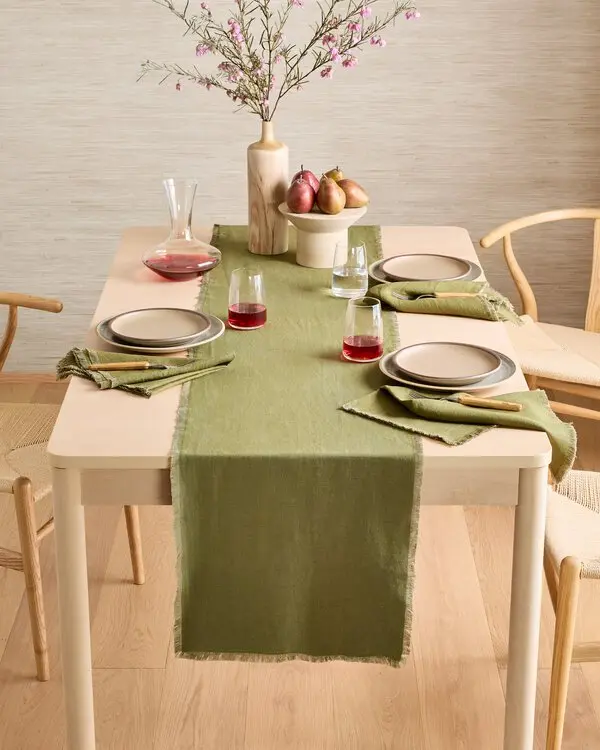 Quince European Linen Fringe Table Runner - Olive