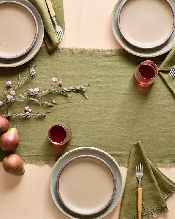 Quince European Linen Fringe Table Runner - Olive