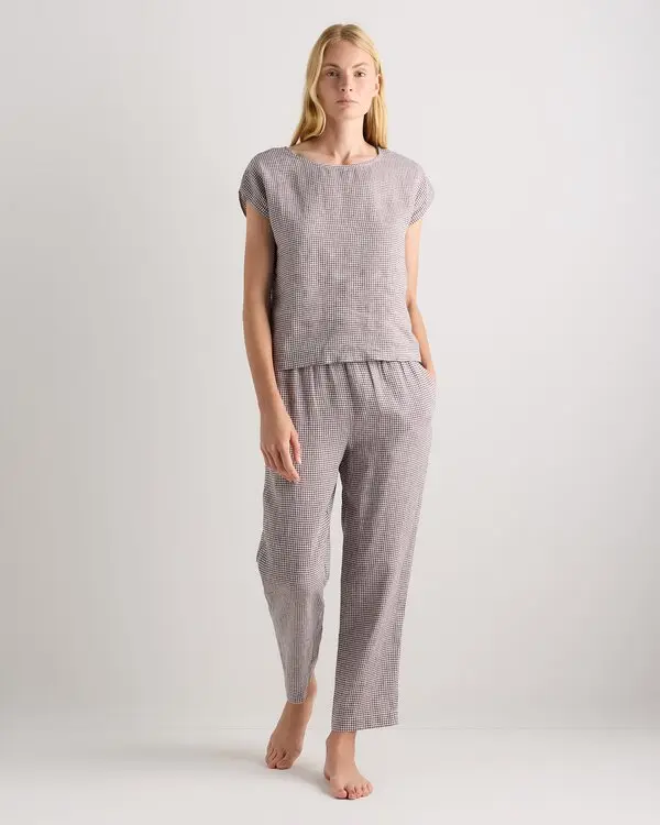 Quince 100% European Linen Pajama Set - Taupe Brown Gingham