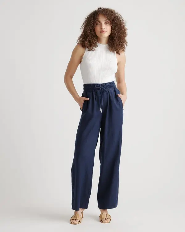 Quince 100% European Linen Wide Leg Pants With Drawstring Waist - Deep Navy
