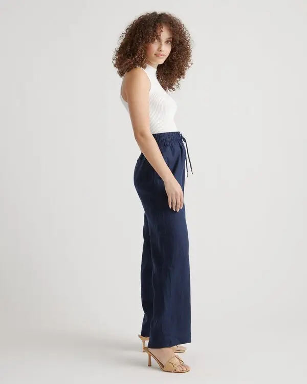 Quince 100% European Linen Wide Leg Pants With Drawstring Waist - Deep Navy